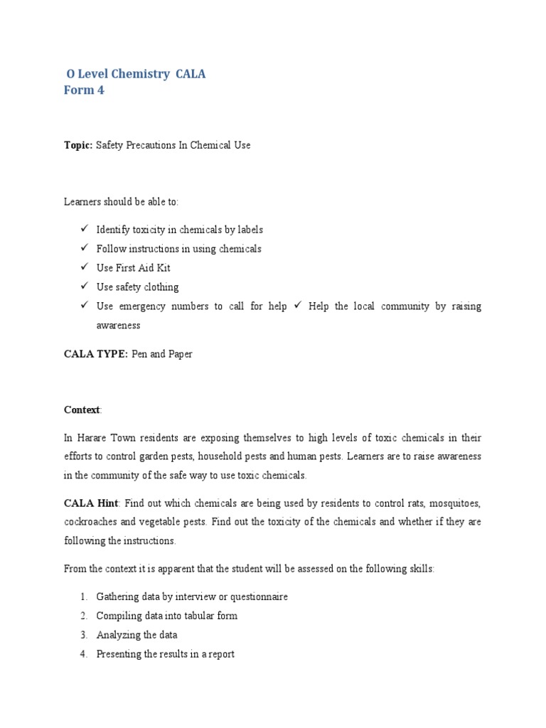 O Level Chemistry CALA 1 | PDF | Personal Protective Equipment | First Aid