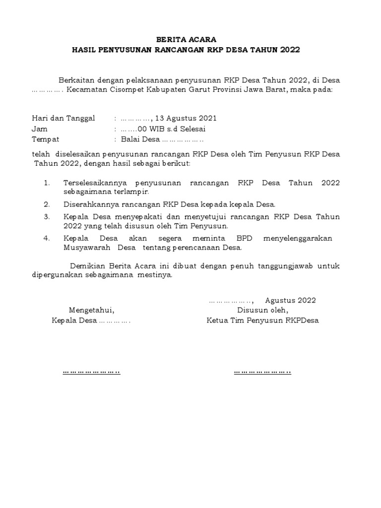 11 Format Berita Acara Hasil Penyusunan Rancangan RKP Desa | PDF
