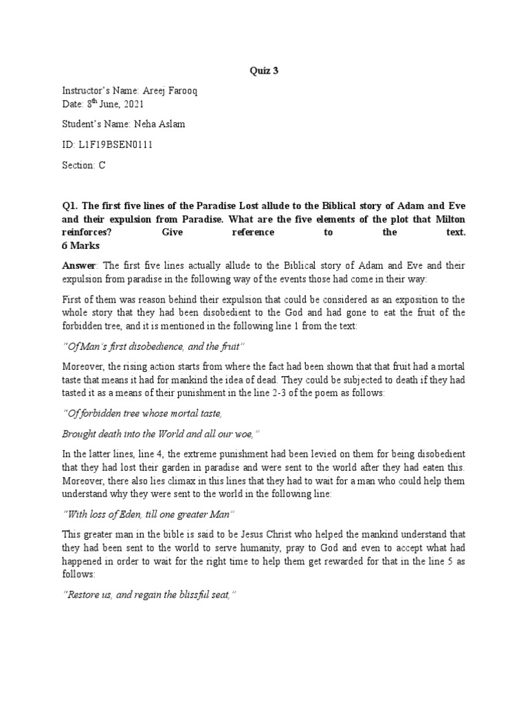 Quiz Paradise Lost | PDF | Paradise Lost | Garden Of Eden