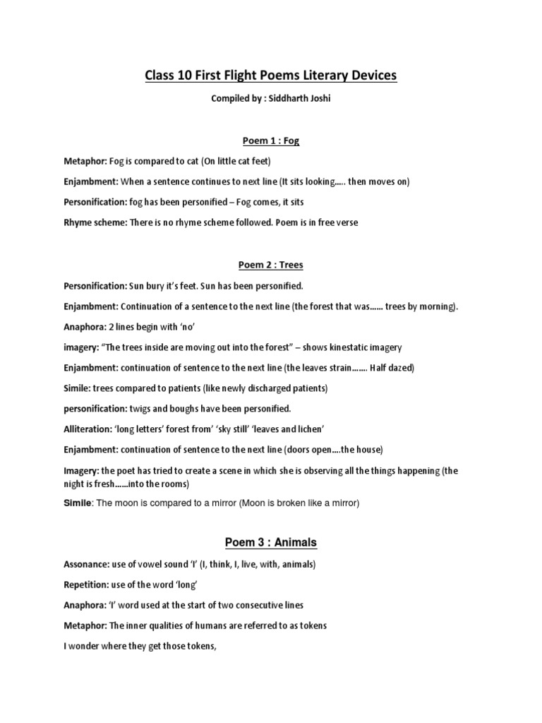 Class 10 First Flight Poems Literary Devices | Download Free PDF ...