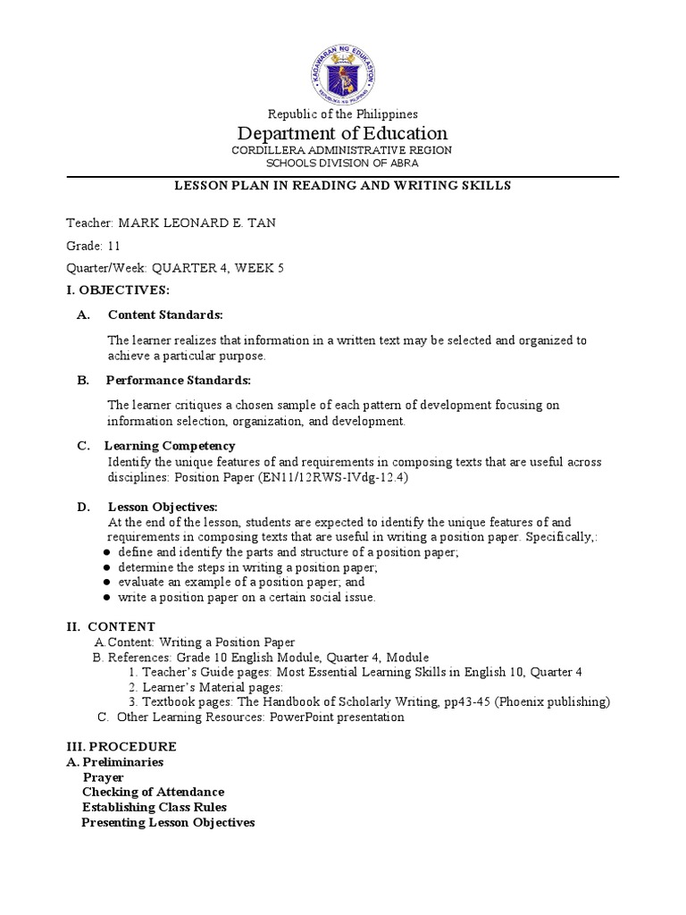 Grade 11 Position Paper Lesson Plan | PDF | Argument | Essays