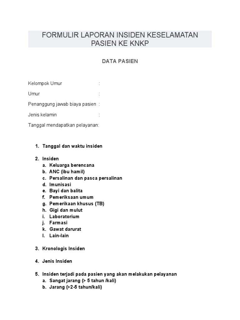 Formulir Laporan Insiden Keselamatan Pasien Ke KNKP | PDF