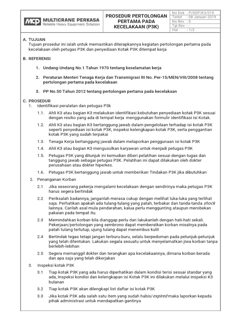 P-SOP-K3-019 Prosedur Pertolongan Pertama Pada Kecelakaan (P3K) | PDF