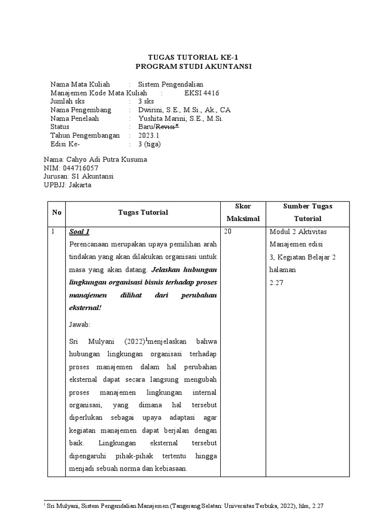 Tugas 1 - Sistem Pengendalian Manajemen - Cahyo Adi Putra Kusuma - 044716057 | PDF