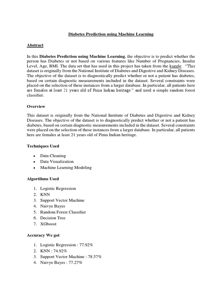 Diabetes Prediction with ML Techniques | PDF