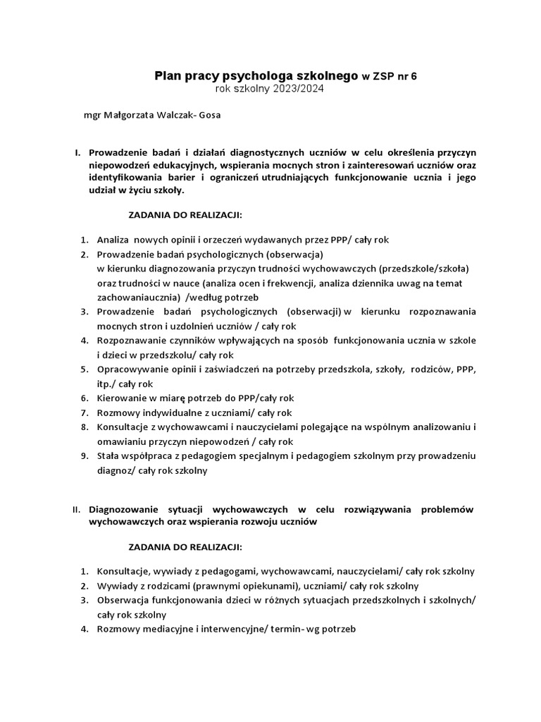 Plan Pracy Psychologa Szkolnego 2023:2024 | PDF