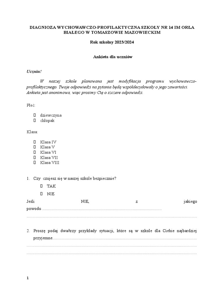 Diagnoza:Ankieta Dla Uczniów | PDF Diagnoza:Ankieta Dla Uczniów | PDF