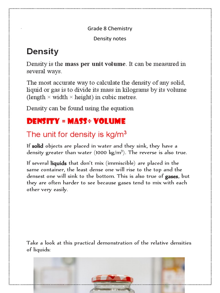 Grade 8 Chemistry Density Notes | PDF