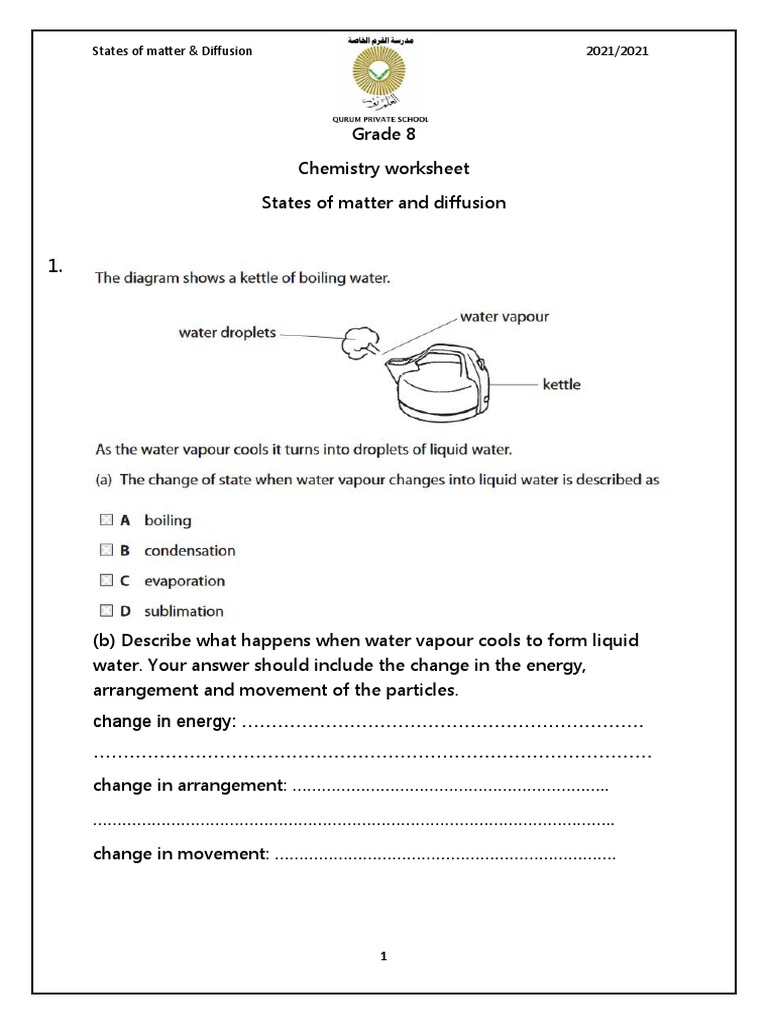 Grade 8 Chmistry Worksheet (States of Matter and Diffusion) | PDF