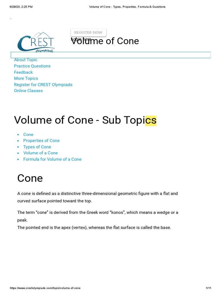 Volume of Cone - Types, Properties, Formula & Questions | PDF ...