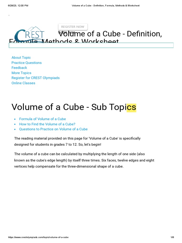 Volume of A Cube - Definition, Formula, Methods & Worksheet | PDF ...