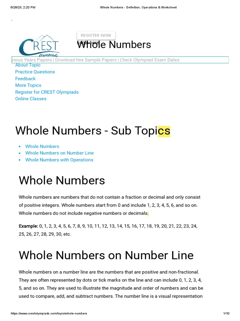 Whole Numbers: Operations & Worksheets | PDF | Integer | Numbers
