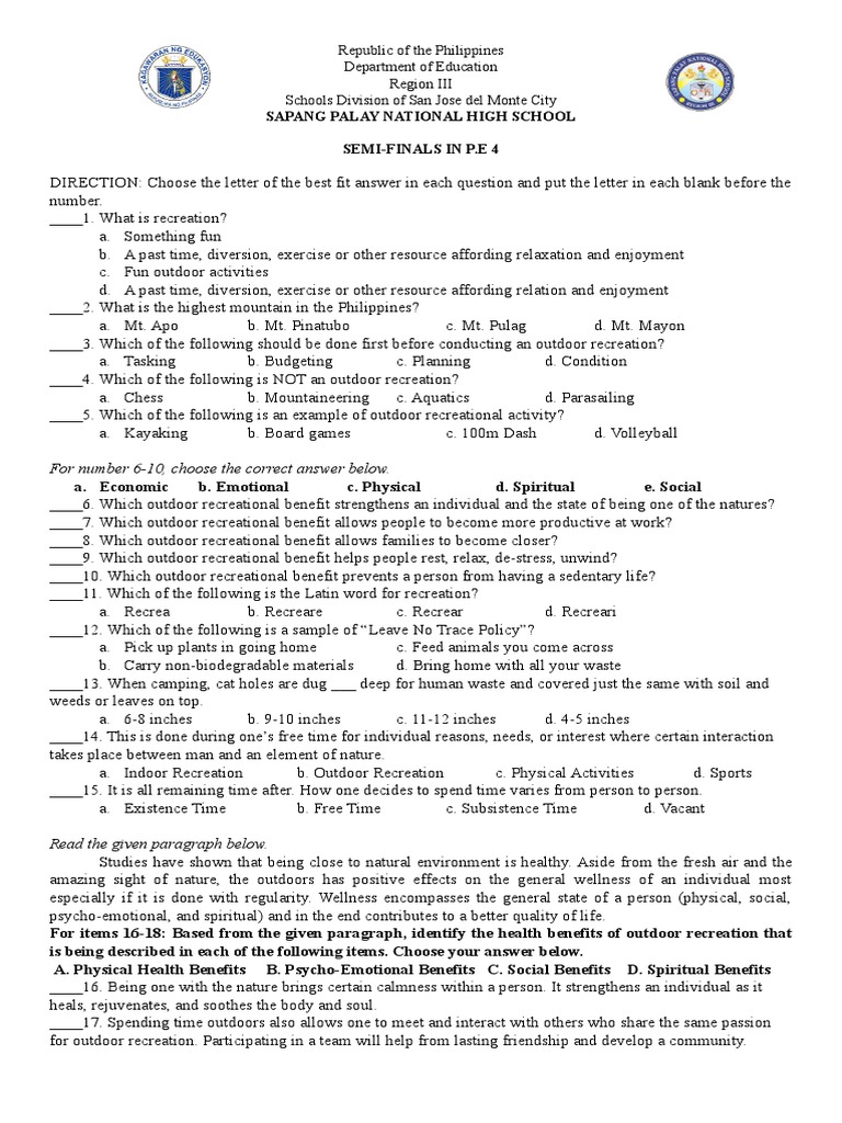PE4 Exam | Download Free PDF | Outdoor Recreation