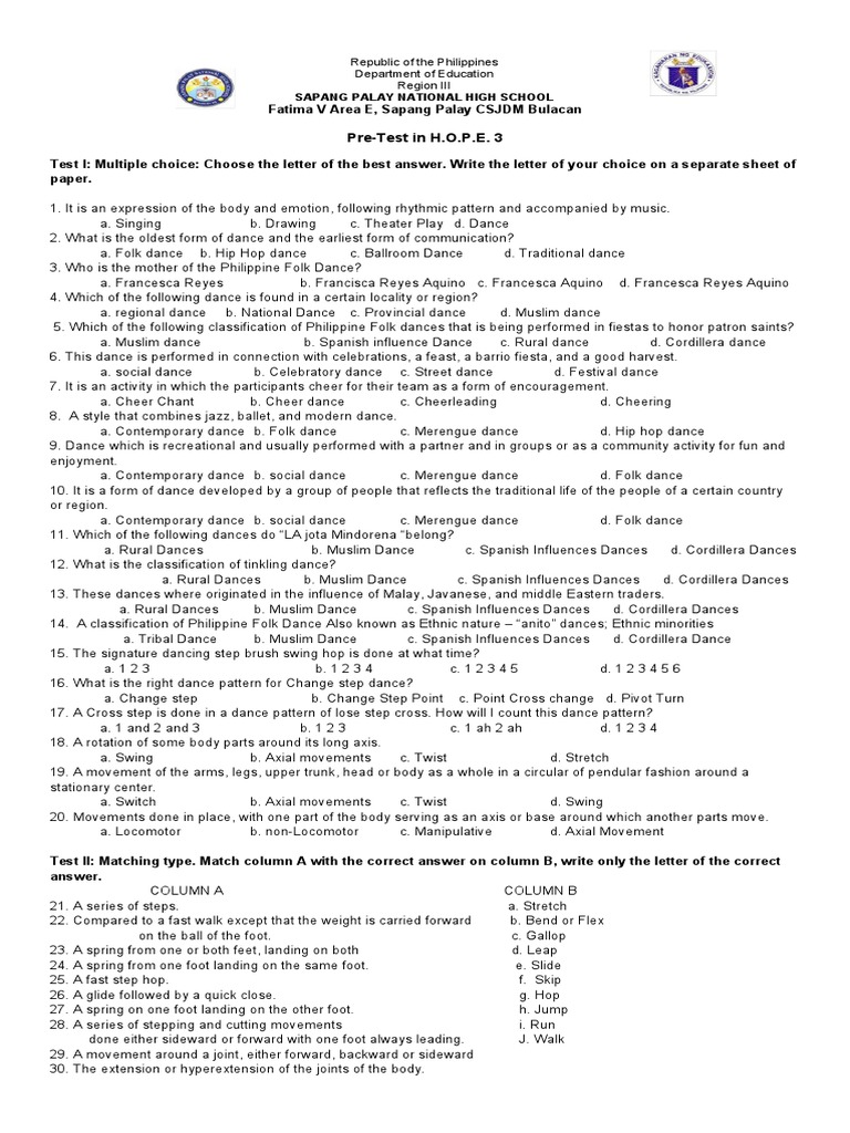 HOPE 3 Pre Test Dance | PDF | Dances | Anatomical Terms Of Motion