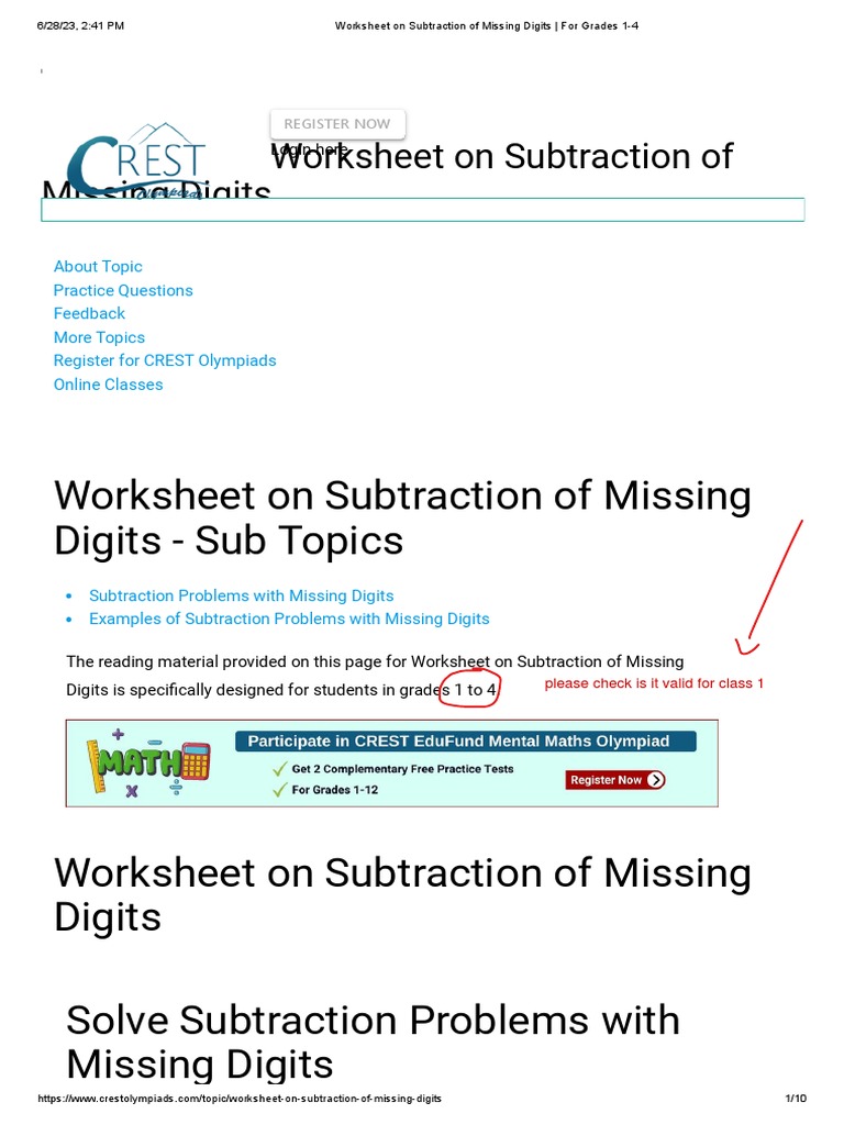 Worksheet On Subtraction of Missing Digits - For Grades 1-4 | PDF ...