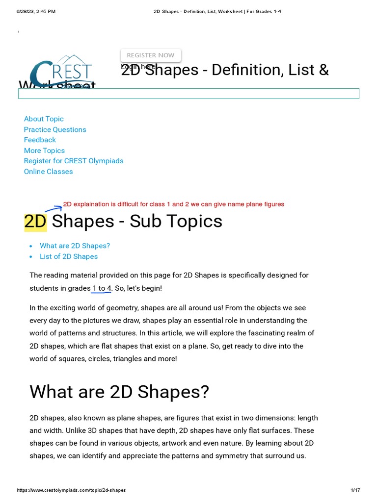 2D Shapes - Definition, List, Worksheet - For Grades 1-4 | PDF | Shape ...