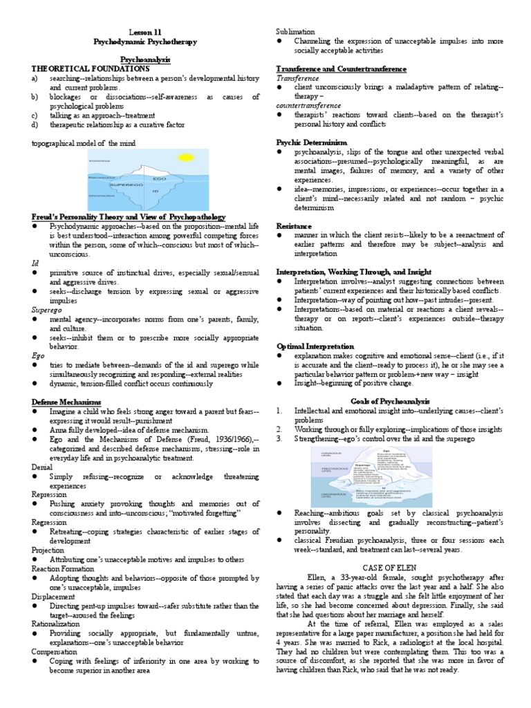 Lesson 11 Psychodynamic Psychotherapy | PDF | Psychotherapy | Ego ...