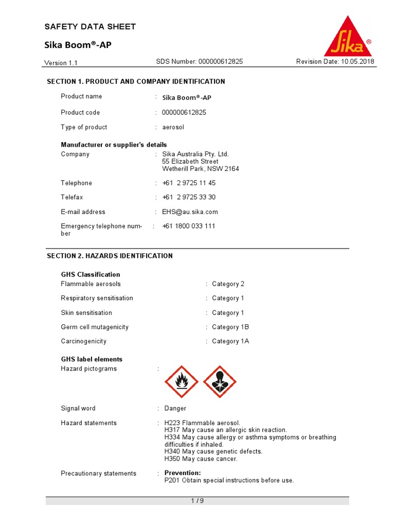 Msds Sika Boom AP | PDF | Toxicity | Occupational Safety And Health