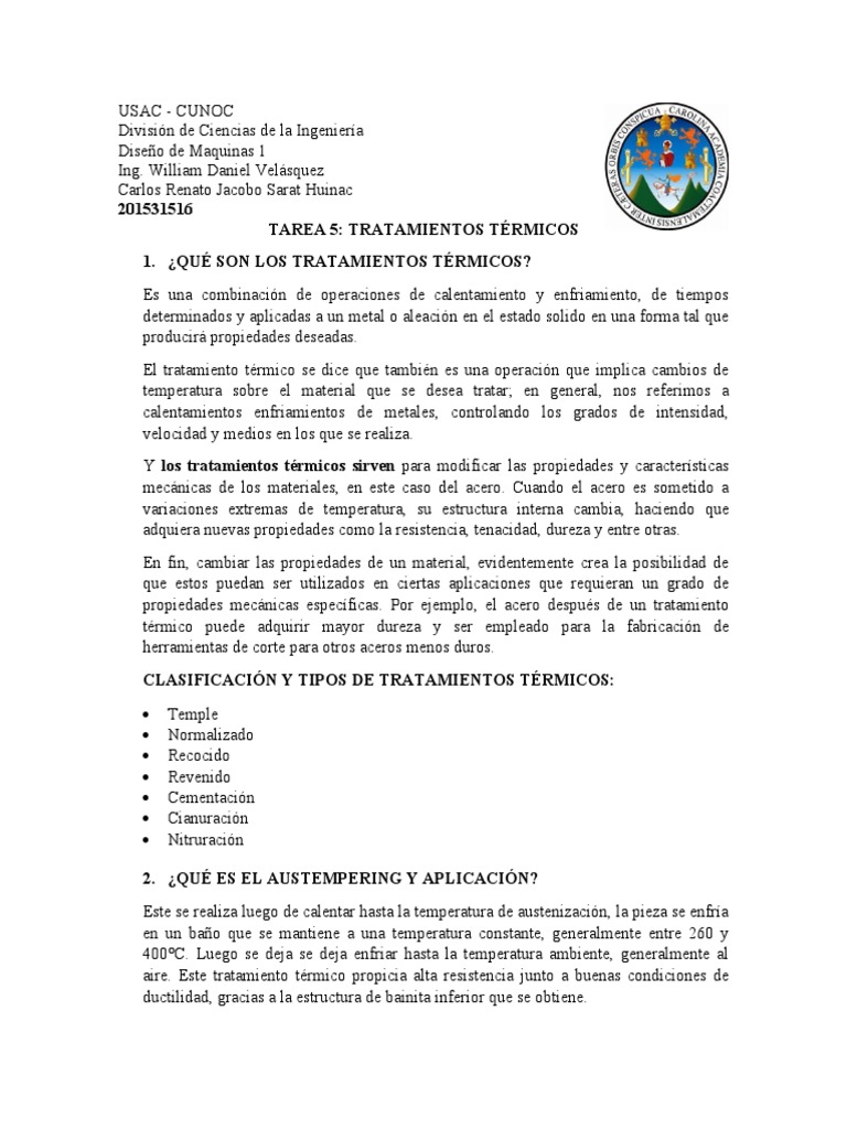 Tarea 5, TRATAMIENTO TÉRMICO | PDF | Tratamiento a base de calor | Acero