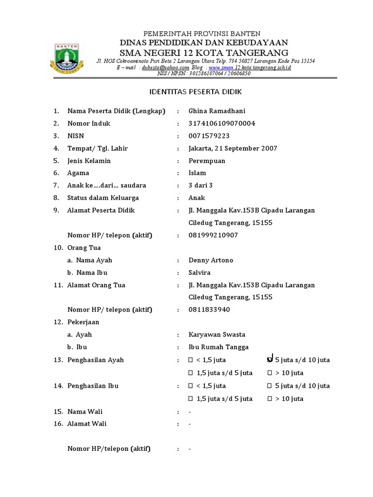 Form Biodata Siswa | PDF