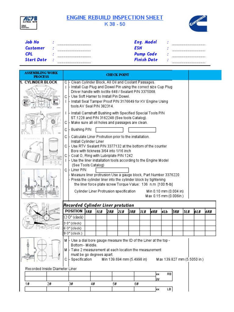 Engine Rebuild Inspection Sheet: Job No: Eng. Model: Customer: ESN: CPL ...