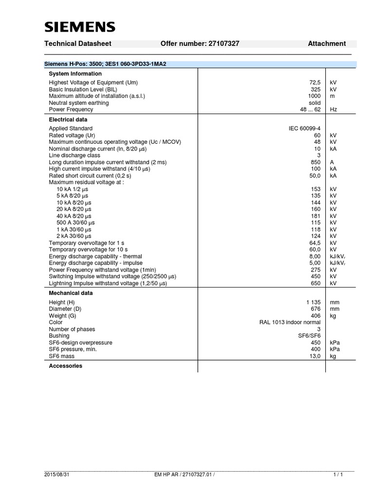 TD08 - 72.5kV GIS - Surge Arrester - GTP - CL 3 | PDF | Electricity | Electromagnetism