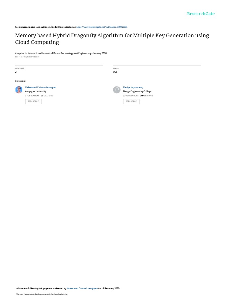 Memory Based Hybrid Dragonfly Algorithm For Multiple Key Generation