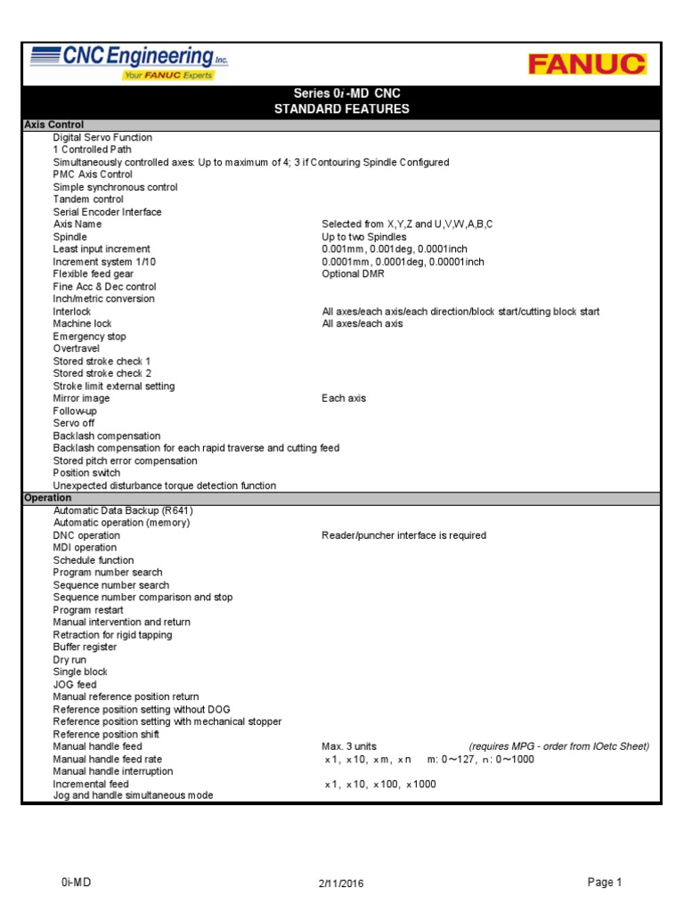 Fanuc 0i-MD Standard Features and Options | PDF | Numerical Control ...