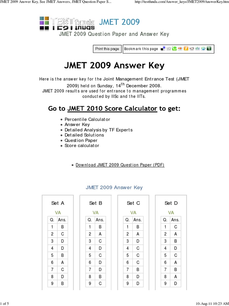 JMET 2009 Question Paper & Answer Key | PDF | Standardized Tests