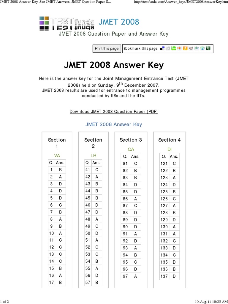JMET 2008 Answer Key | PDF