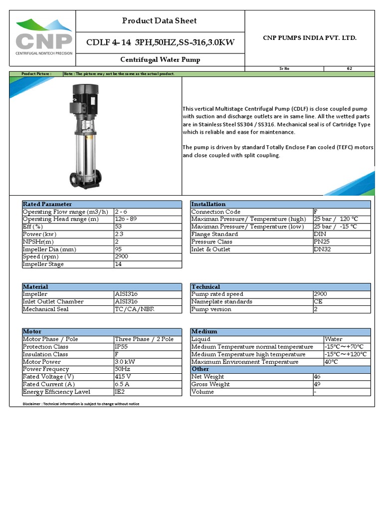 CDLF 4-14 3PH 50HZ SS-316 3-0KW | PDF | Pump | Turbomachinery