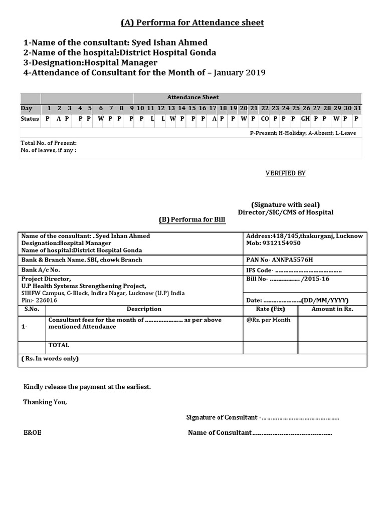 Attendance Bill Performa | PDF