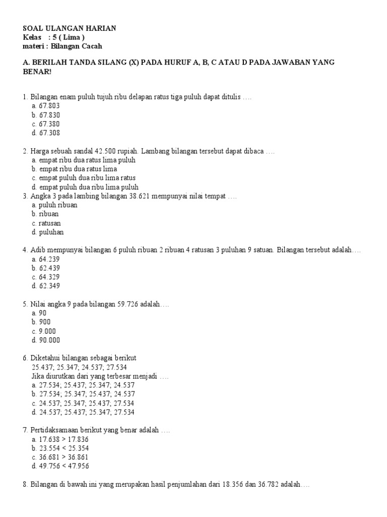 Soal Ulangan Harian Bilangan Cacah | PDF