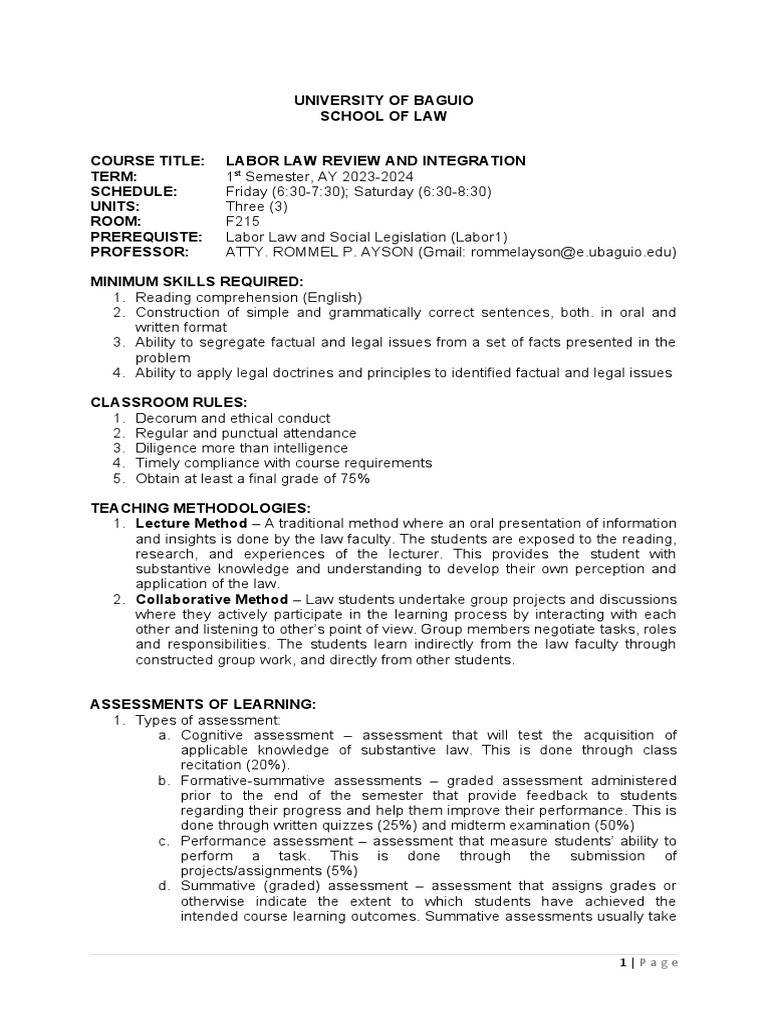 Labor Law Review and Integration | PDF | Educational Assessment ...