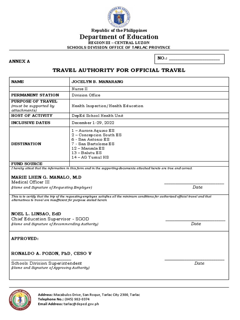 Travel Authority For Official Travel 1 | PDF | Health Care