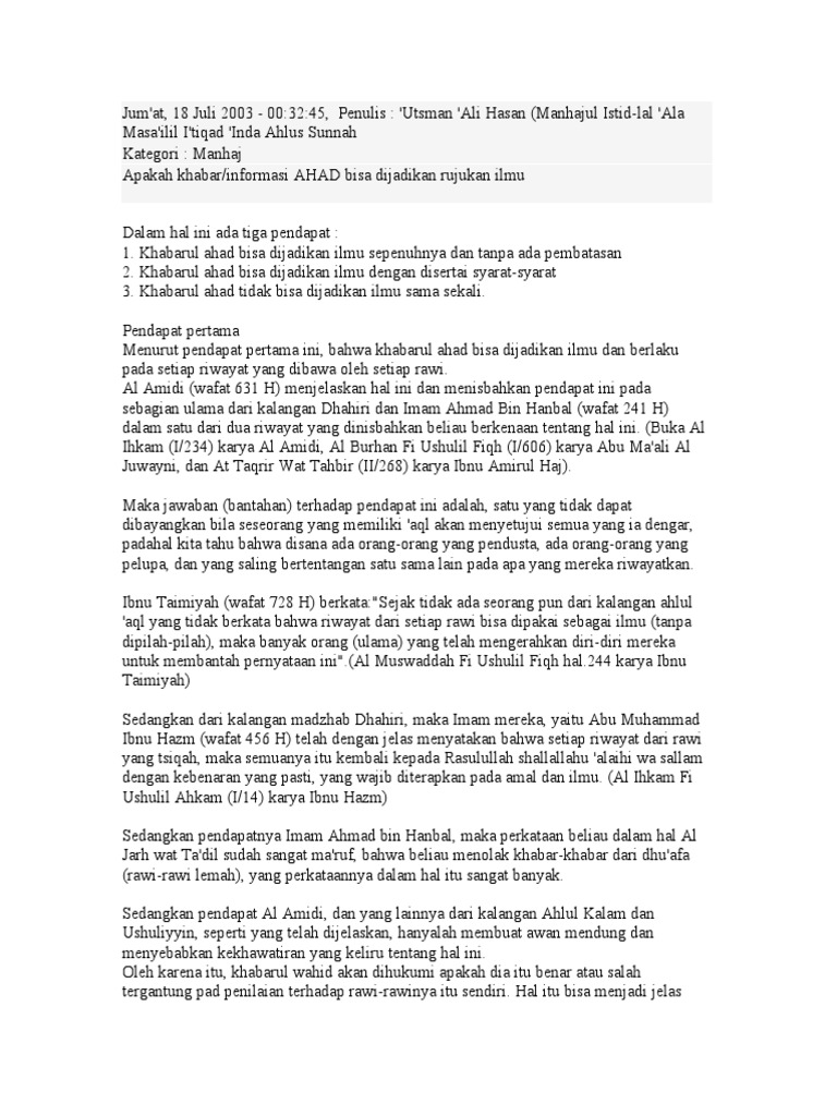 Hadits Ahad Menjadi Rujukan | PDF