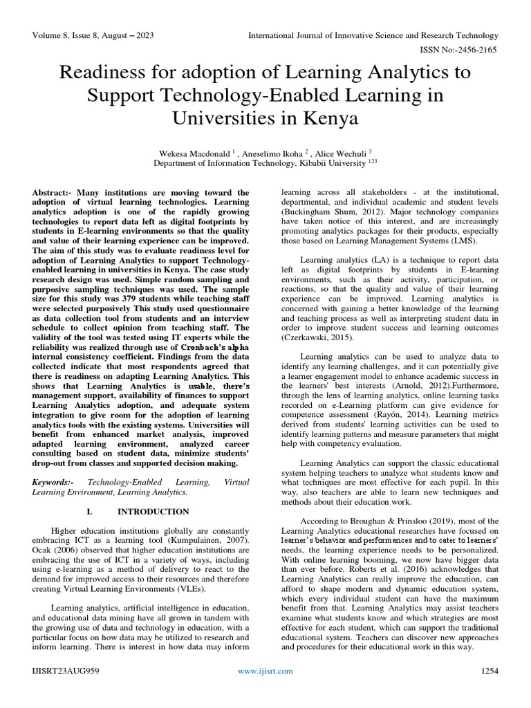 Readiness For Adoption of Learning Analytics To Support Technology ...