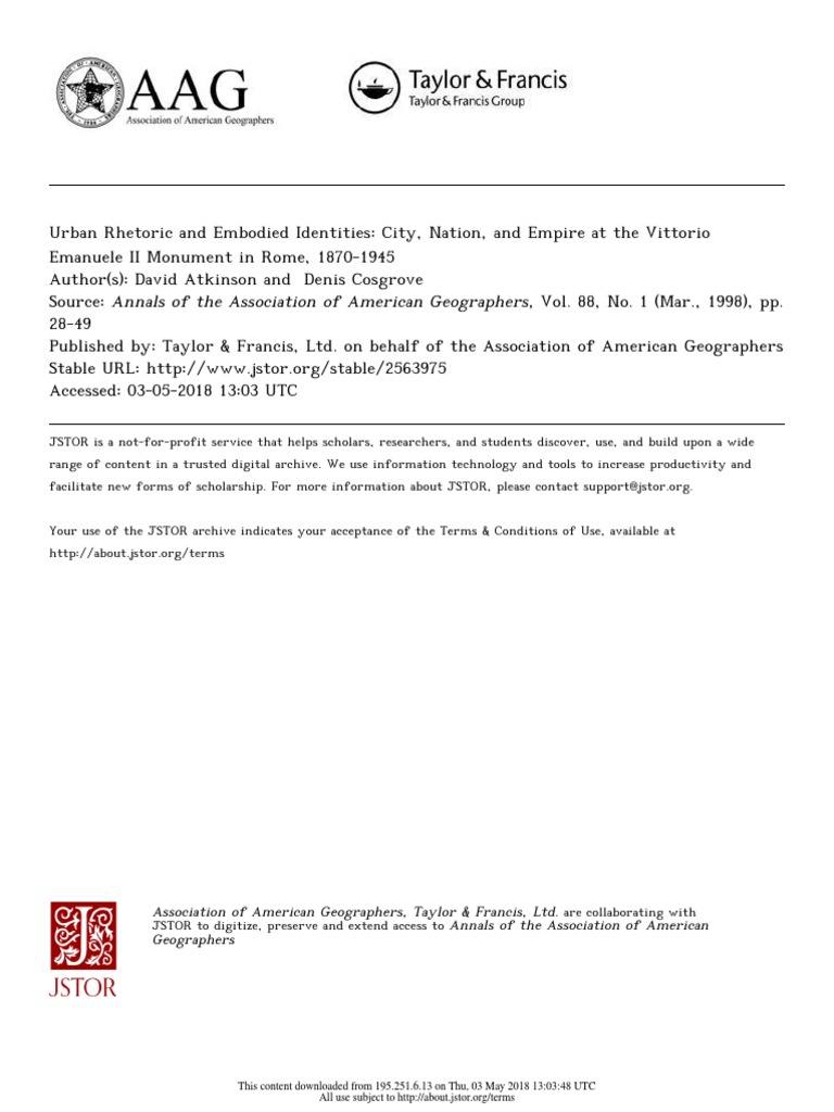 David Atkinson, Denis Cosgrove, Urban Rhetoric and Embodied Identities ...