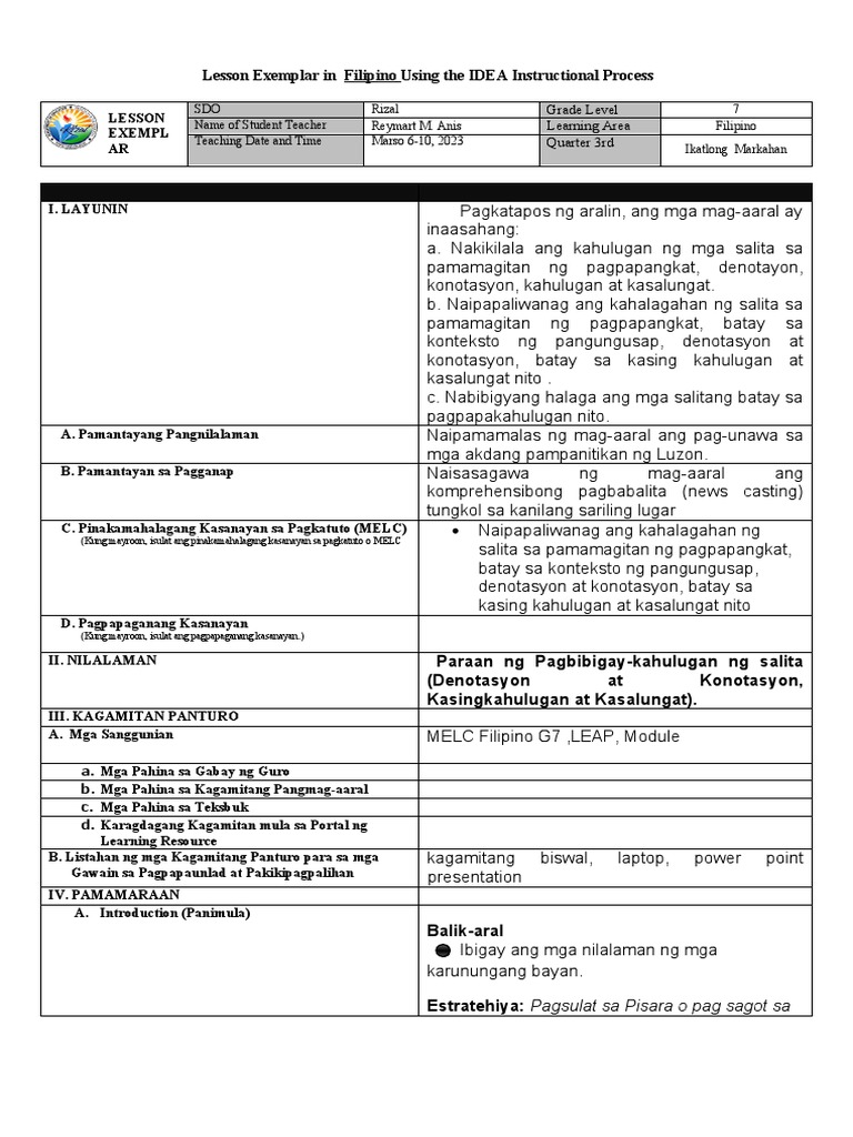 Lesson-Exemplar-Filipino-WEEK 3 Deno at Kono | PDF