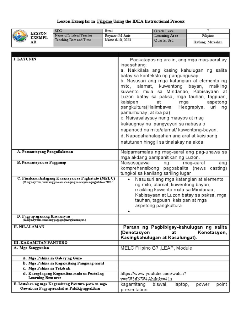 Lesson-Exemplar-Filipino-WEEK 4 | PDF