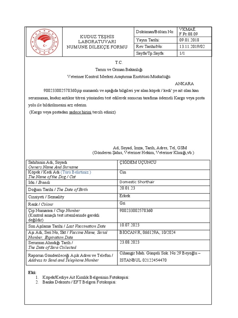 KDT Numune Di̇lekçe Formu | PDF