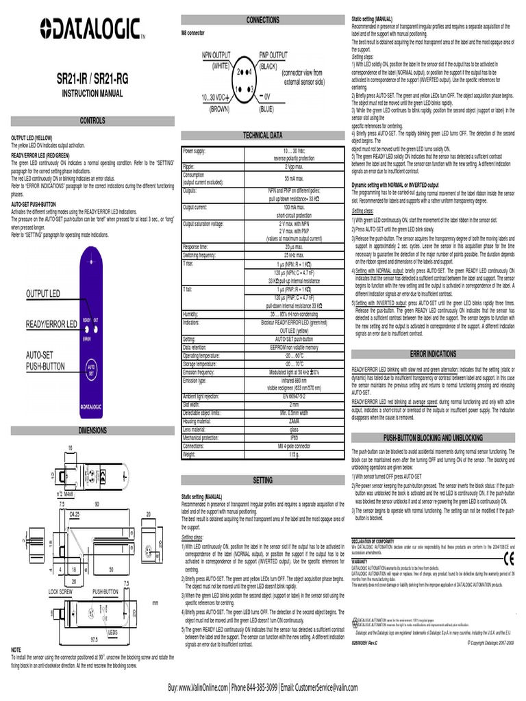 Sr21 Ir Datalogic Label Sensor | PDF | Bipolar Junction Transistor | Sensor