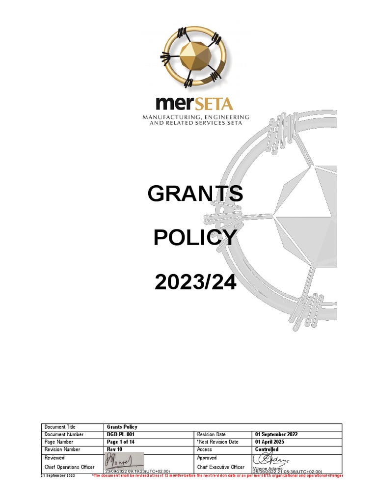 merSETA Grants Policy - 2023 24.pdf - V1 | PDF | Employment | Policy