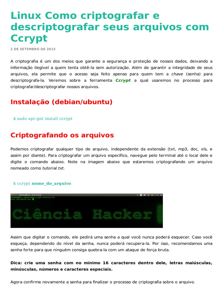 Linux Como Criptografar e Descriptografar Seus Arquivos Com Ccrypt-1 | PDF | Criptografia ...