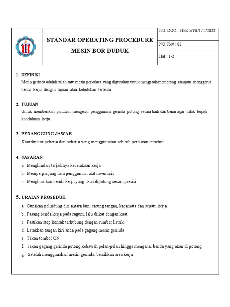 Sop Mesin Bor Duduk | PDF