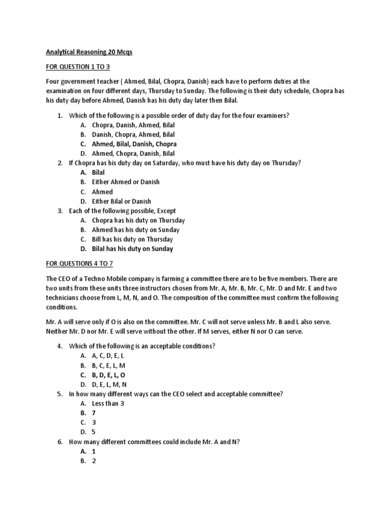 Analytical Reasoning 20 MCQS | PDF