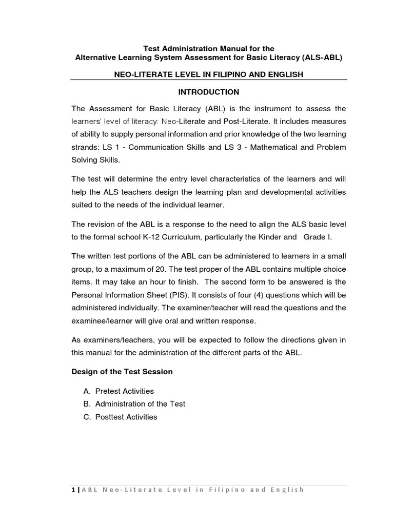 Abl Test Manual Neo Literate Filipino English | PDF | Educational ...