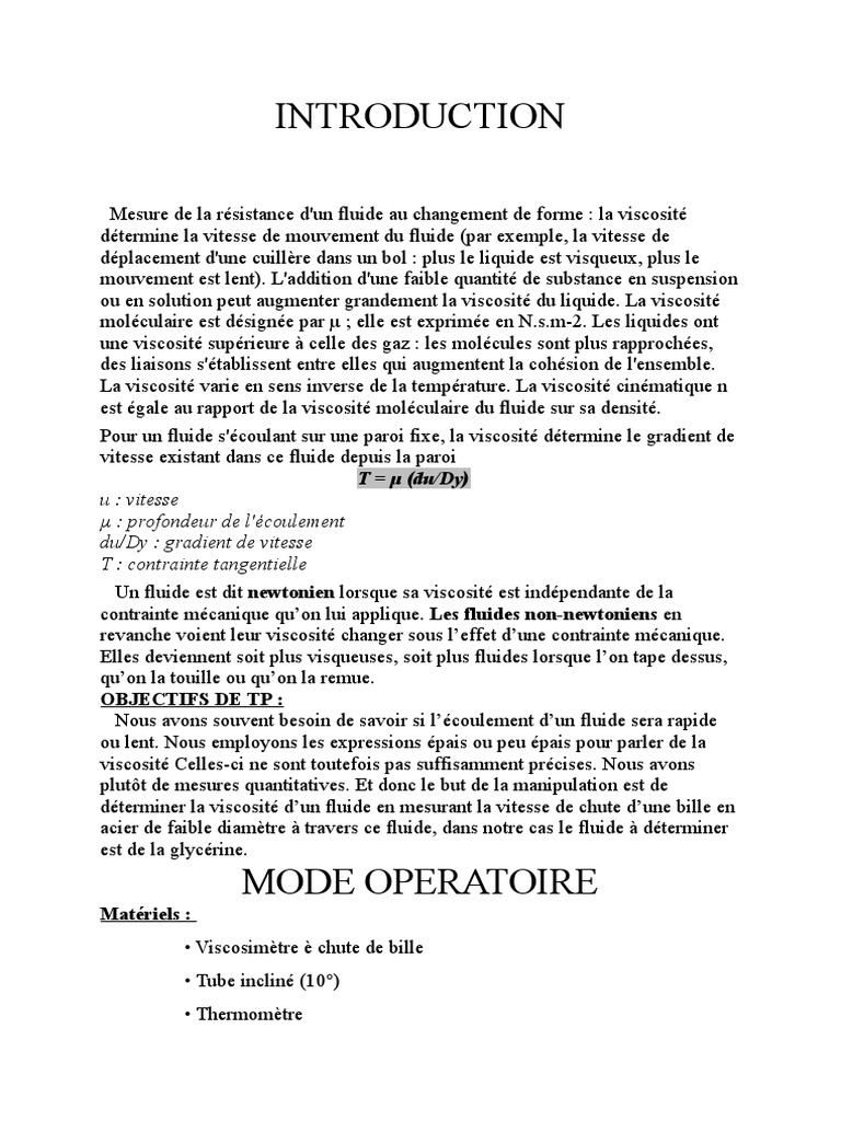 Introduction Mode Operatoire Et Conclusion | PDF | Fluide | Viscosité