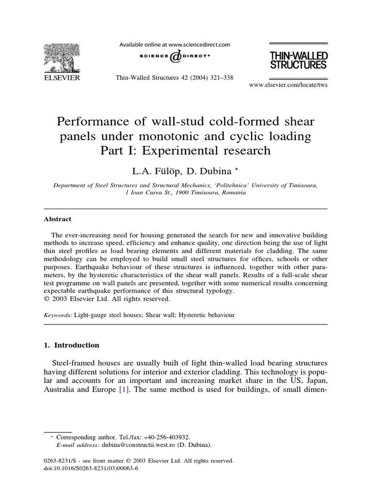 Performance of Wall-Stud Cold-Formed Shear Panels Under Monotonic and ... Performance of Wall-Stud Cold-Formed Shear Panels Under Monotonic and ...