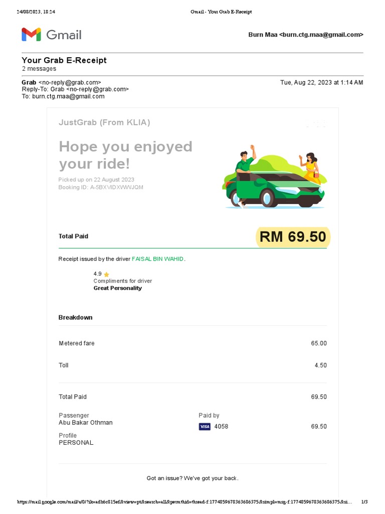 Your Grab E-Receipt KLIA2 - BBB | PDF